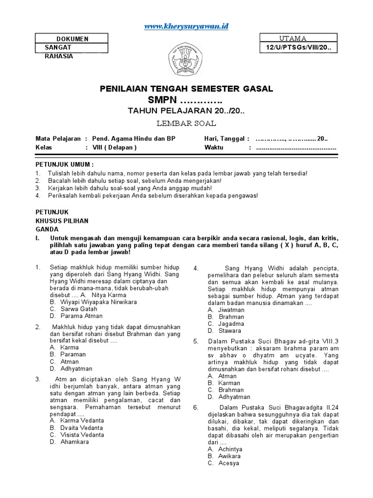 Soal UTS Pend. Agama Hindu Kelas VIII | PDF | Agama & Spiritualitas