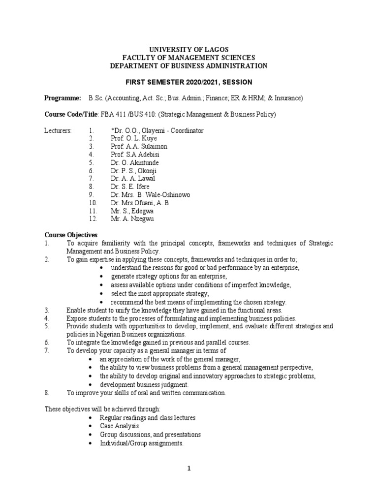 BUS 411 Strategic Management and Business Policy Outlines 2020-2021 | PDF
