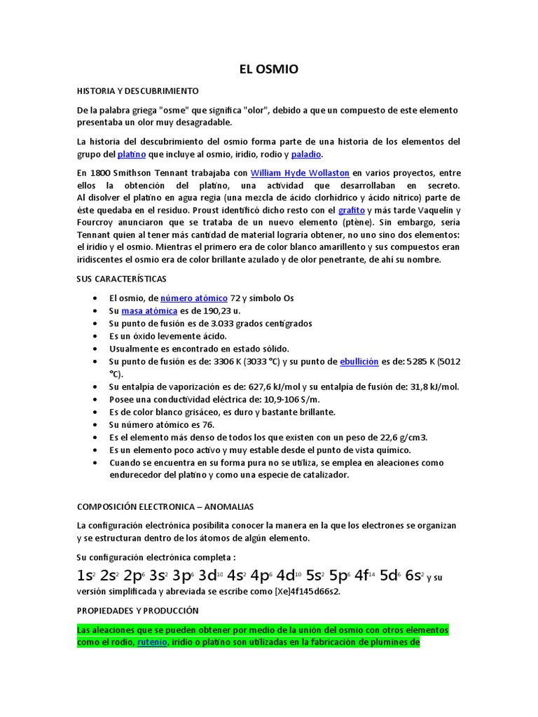 Usos y características del osmio | PDF | Platino | Configuración ...