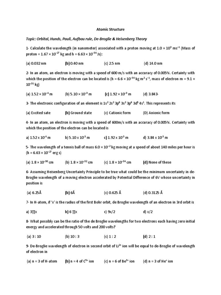 Quantum Mechanics & Atomic Structure Quiz | PDF | Electron | Atoms