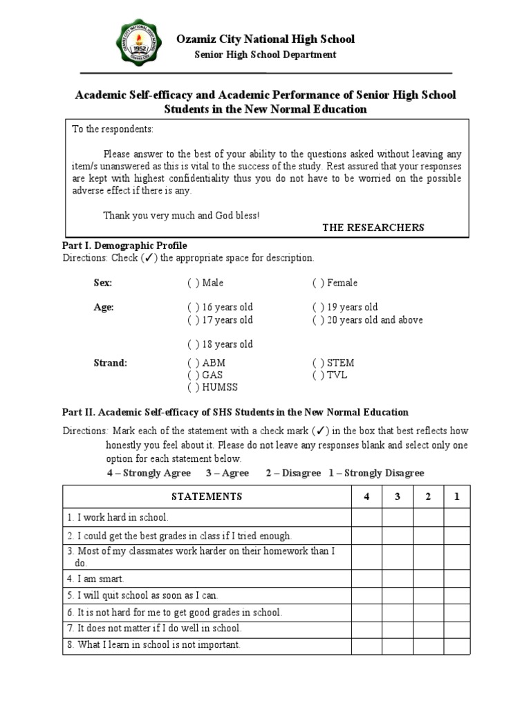 AcademicSelf Efficacyperformance Questionnaire Group1 | PDF | Education ...