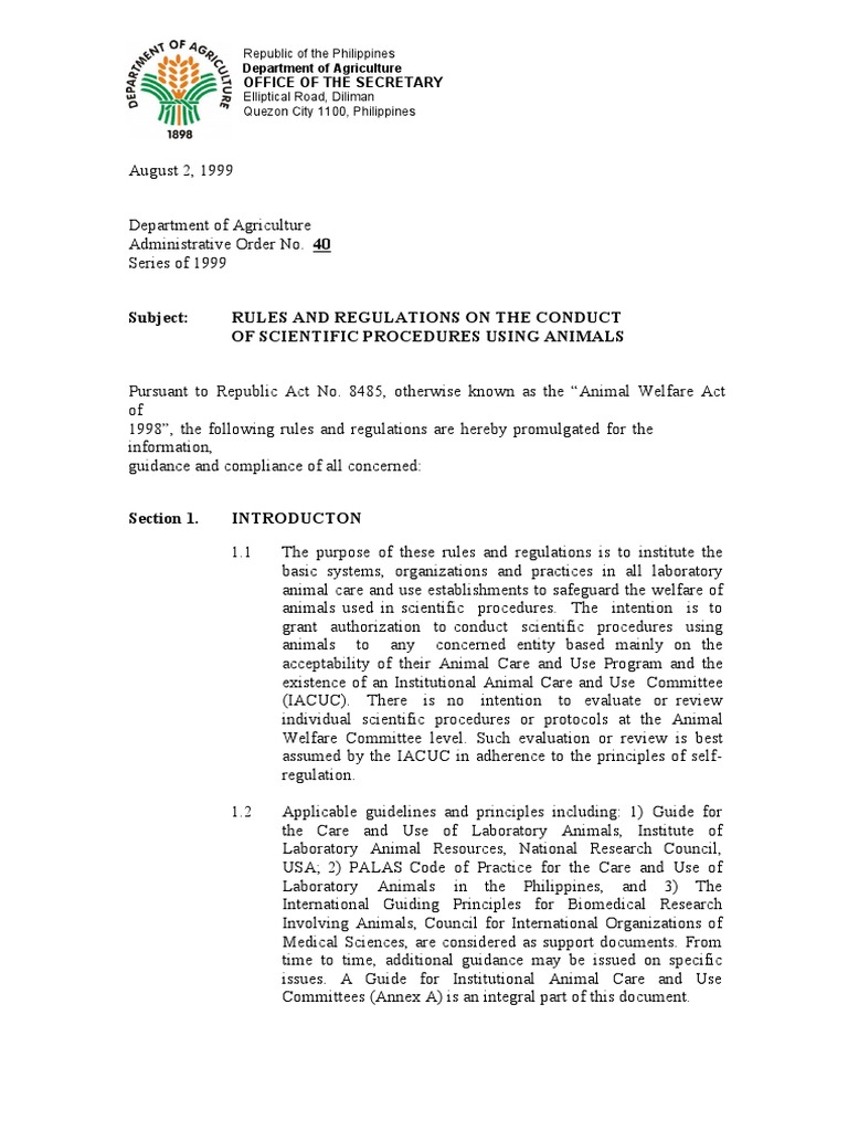 Rules and Regulations on the Conduct of Scientific Procedures Using ...