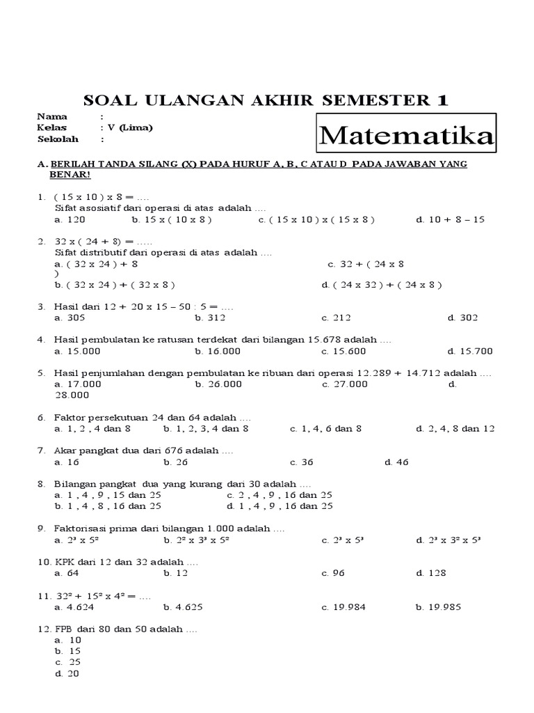 Soal UAS Matematika Kelas 5 SD Semester 1 (Ganjil) Dan Kunci Jawaban | PDF