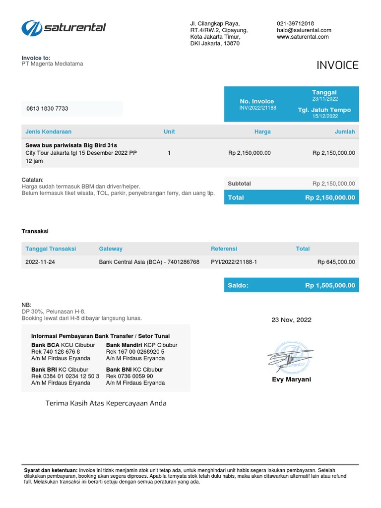 Contoh Invoice Sewa Bus Pariwisata | PDF