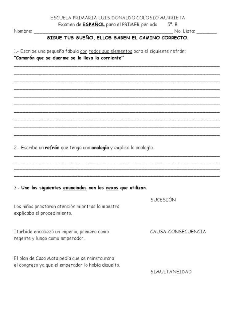 EXAMEN ESPAÑOL 3er. Periodo | PDF