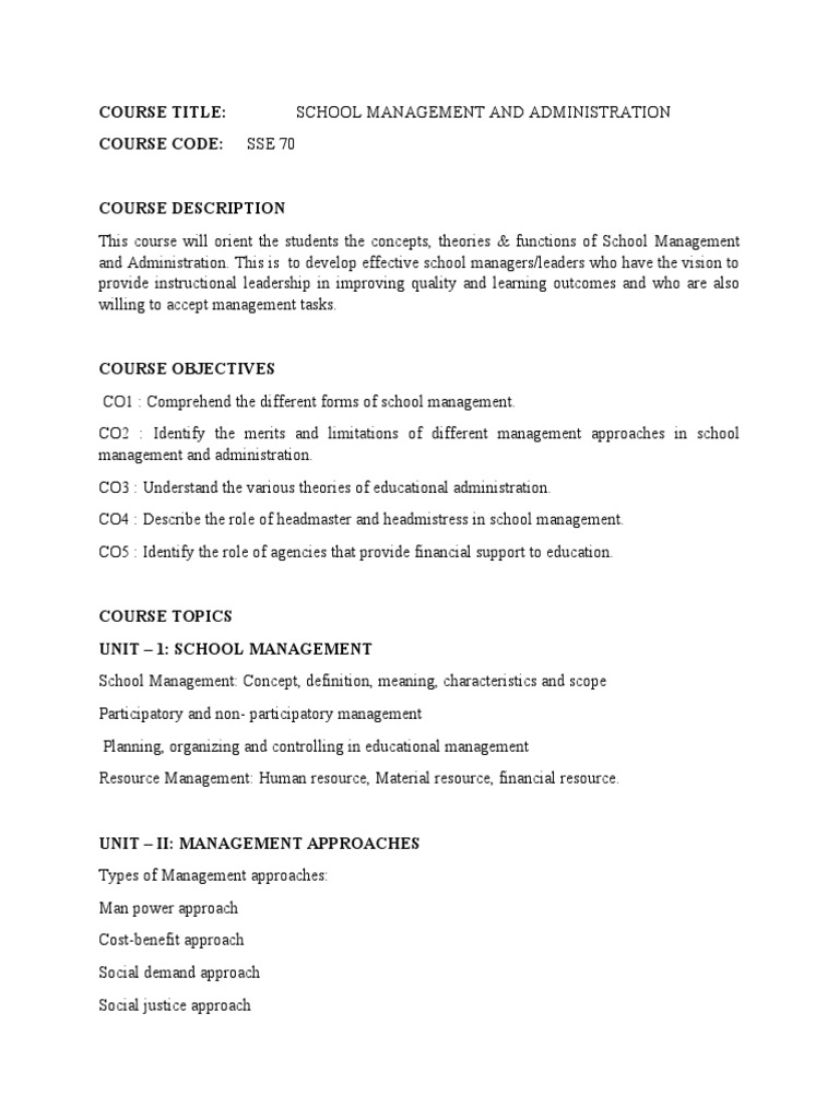 Course Outline SCHOOL MANAGEMENT AND ADMINISTRATION | PDF | Career ...