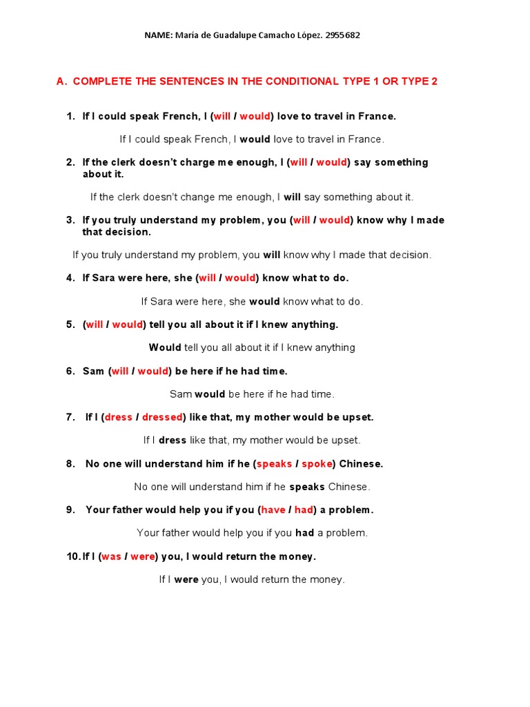 Worksheet Conditional Type 1 y 2 | PDF