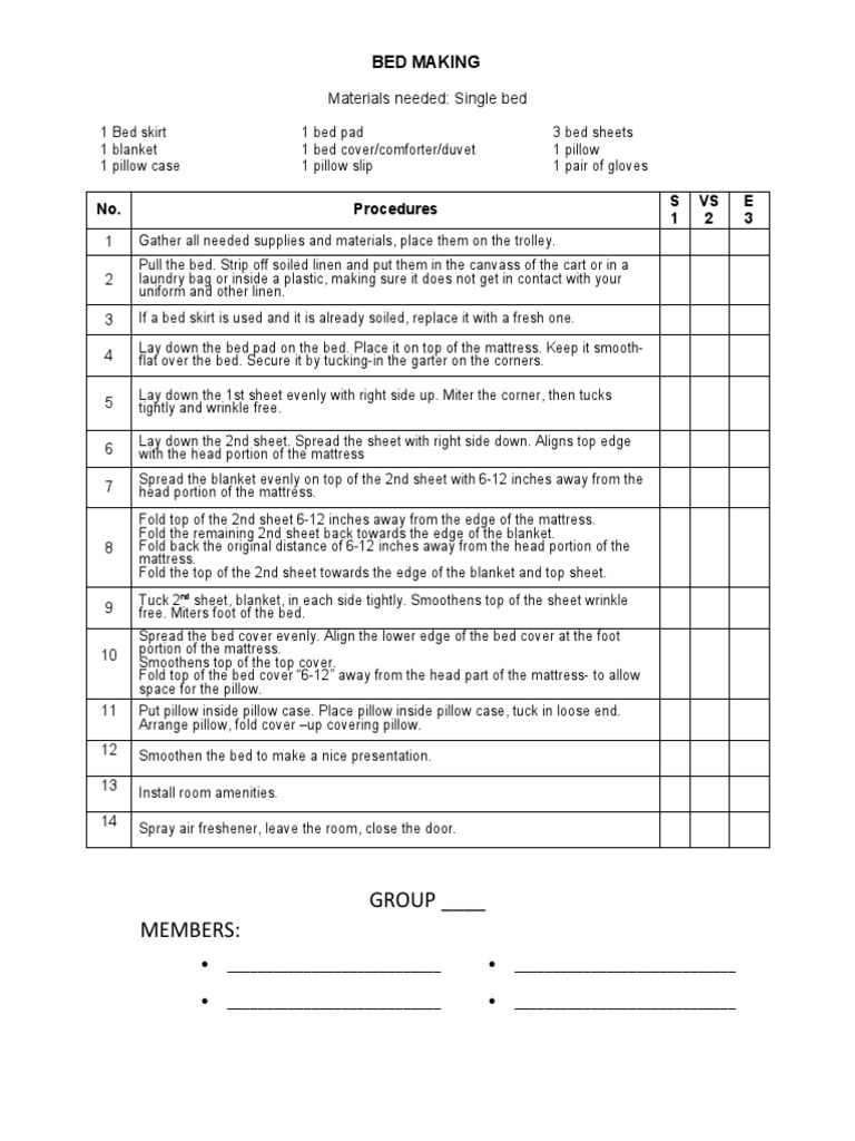 Bed Making Procedure and Checklist | PDF