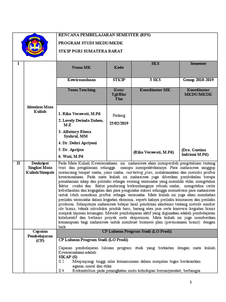 Revisi RPS Kewirausahaan - Mku 2019 | PDF