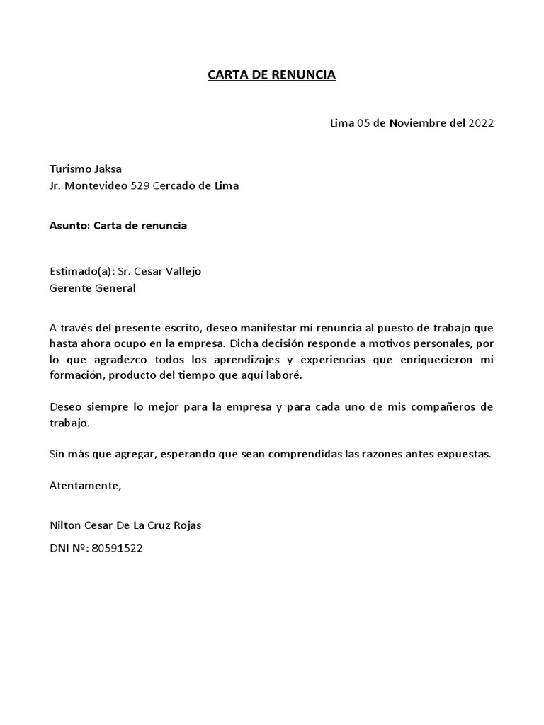 Carta de Renuncia Laboral | PDF