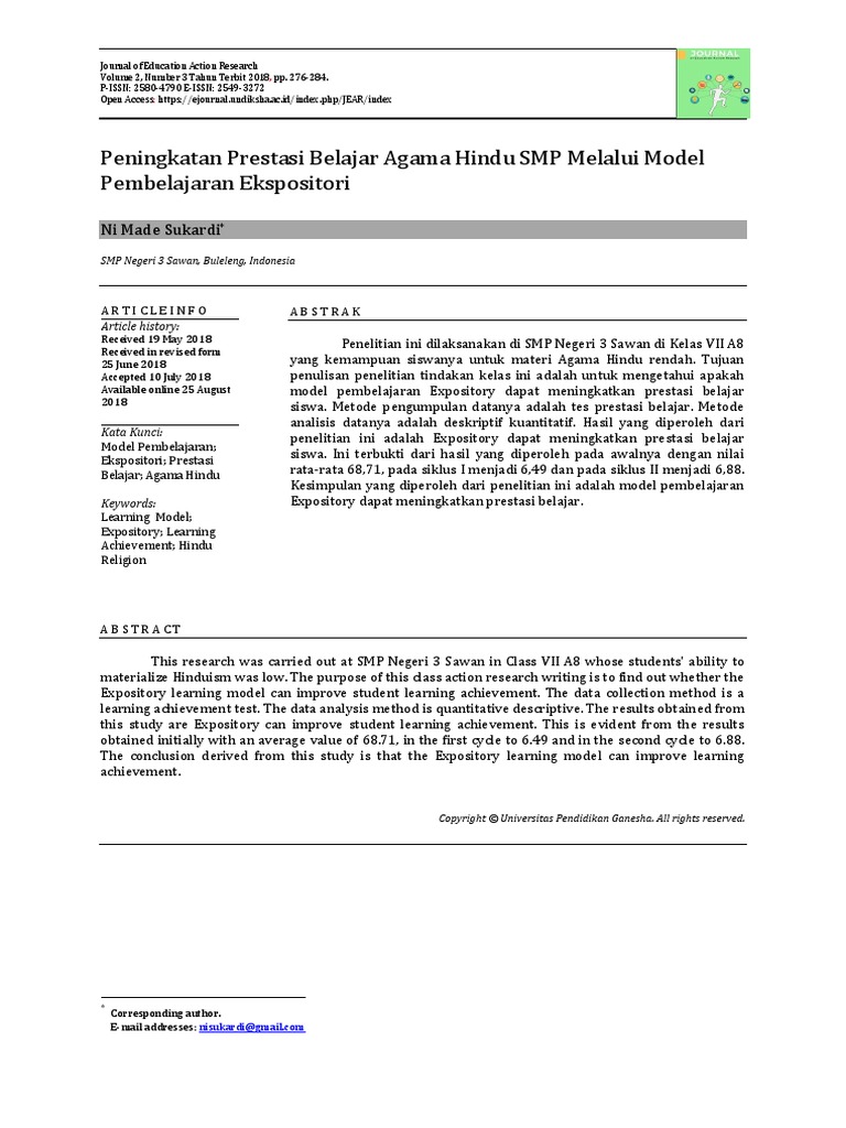 Peningkatan Prestasi Belajar Agama Hindu SMP Melalui Model Pembelajaran Ekspositori | PDF ...
