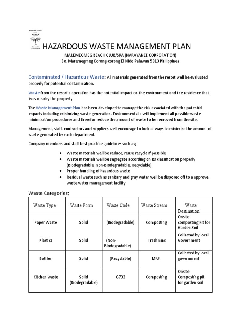 Hazardous Waste Management Plan | PDF