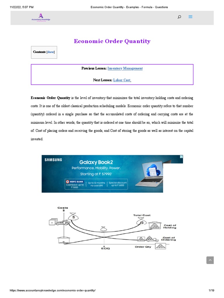 Economic Order Quantity - Examples - Formula - Questions | PDF