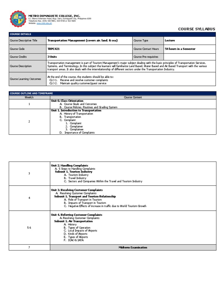 COURSE SYLLABUS (Transportation Management) | PDF | Tourism | Transport