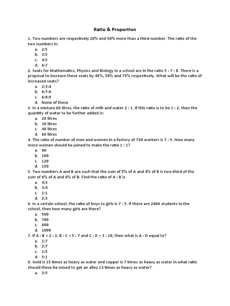 Ratio And Proportion Pdf Ratio Metrology