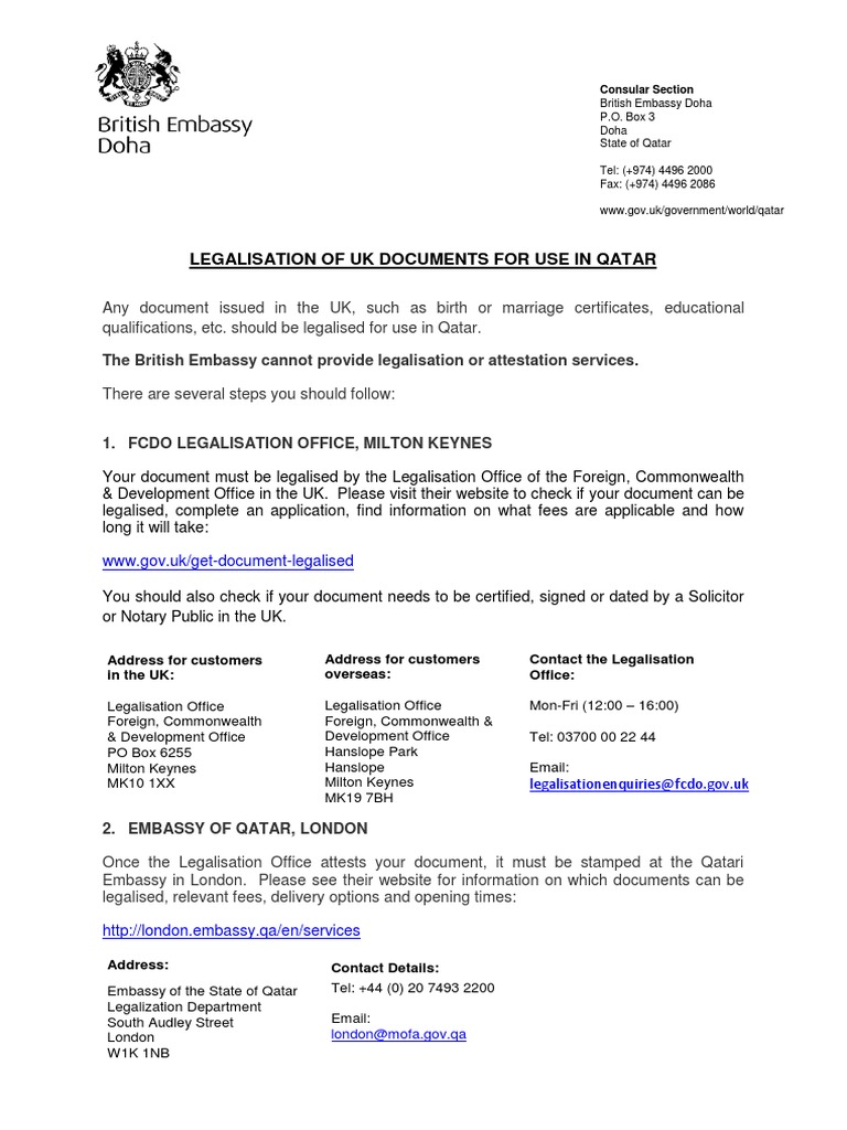 Legalisation of UK Documents For Use in Qatar | PDF | Qatar | Doha