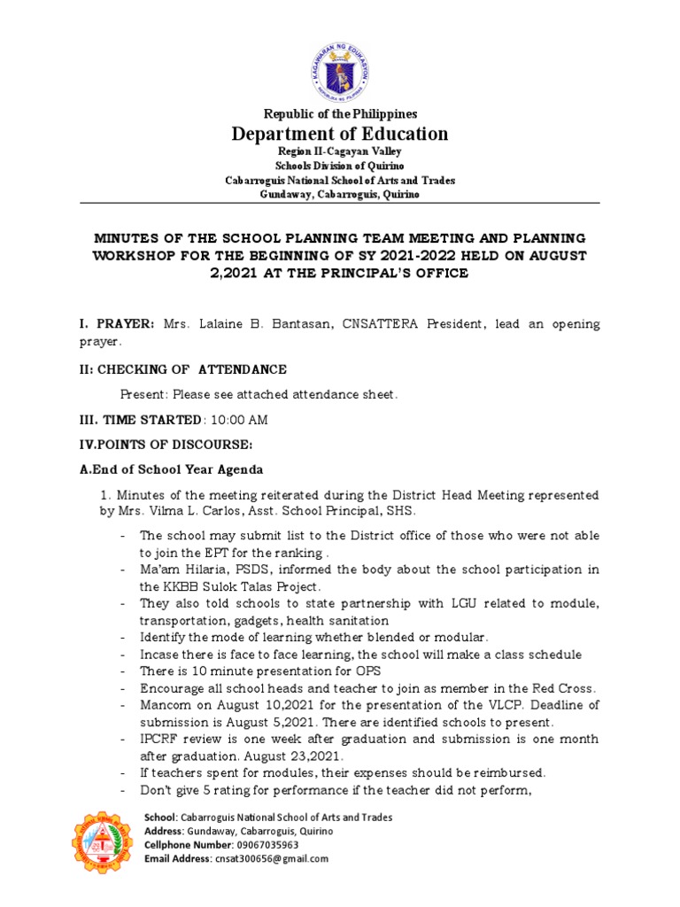 Minutes of The School Planning Team Meeting and Planning Workshop For ...