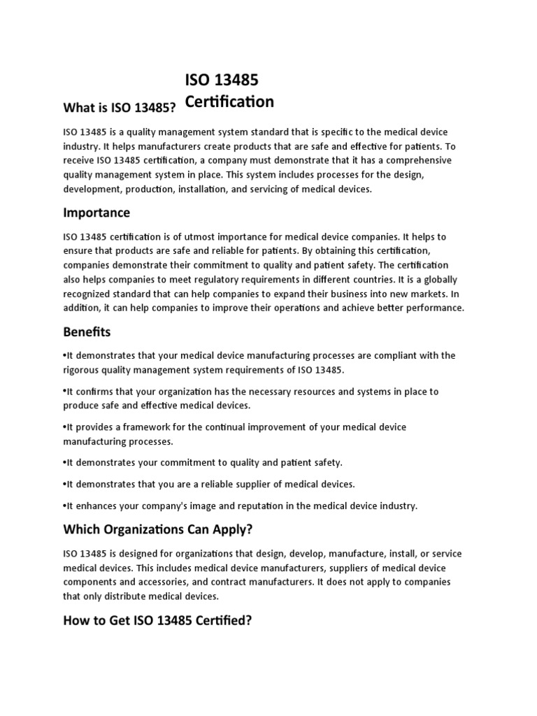 ISO 13485 Certification | PDF | Medical Device | Quality Management