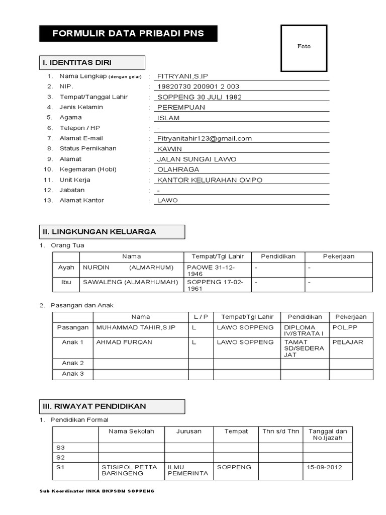 Formulir Data Diri PNS FITRY | PDF