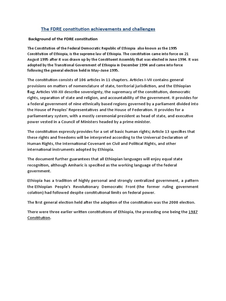 The FDRE Constitution Achievements and Challenges | PDF