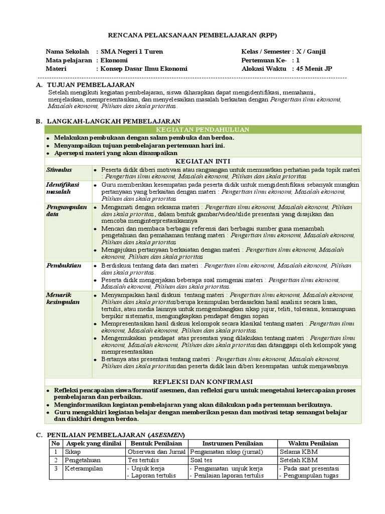 RPP 1 - Konsep Dasar Ilmu Ekonomi | PDF