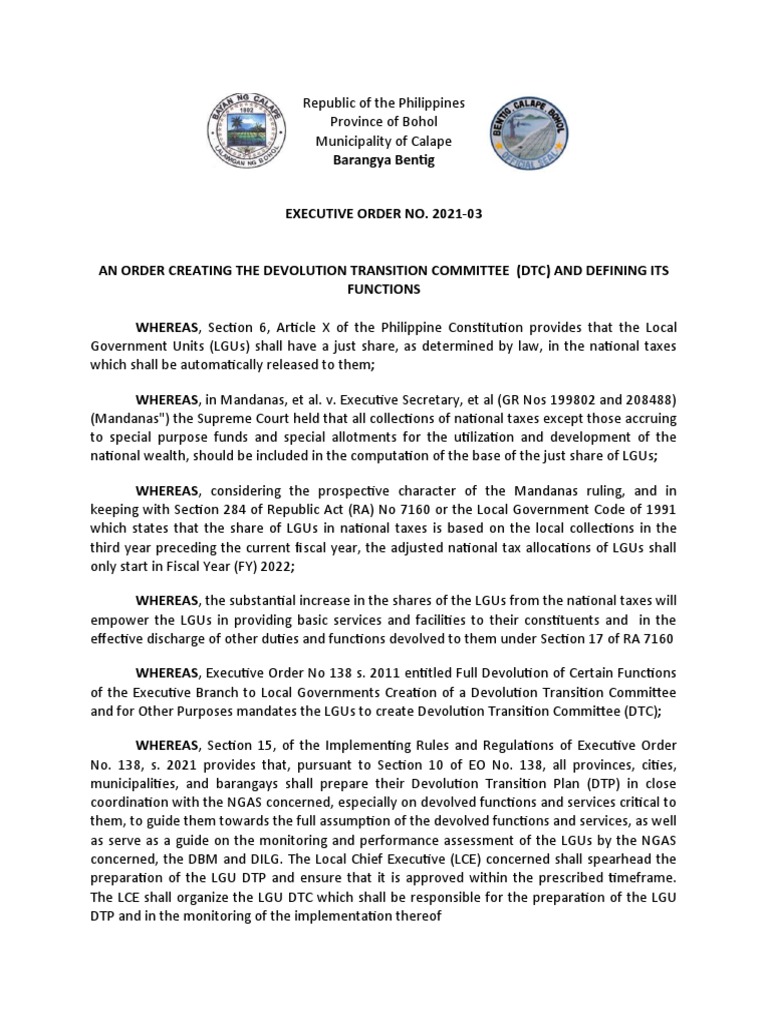 Devolution Transition Committee Order Bohol | PDF | Executive Order ...