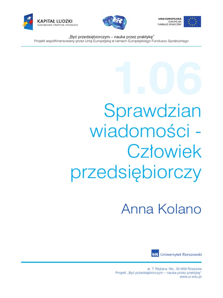 Sprawdzian Wiadomości - Człowiek Przedsiębiorczy: Anna Kolano | PDF