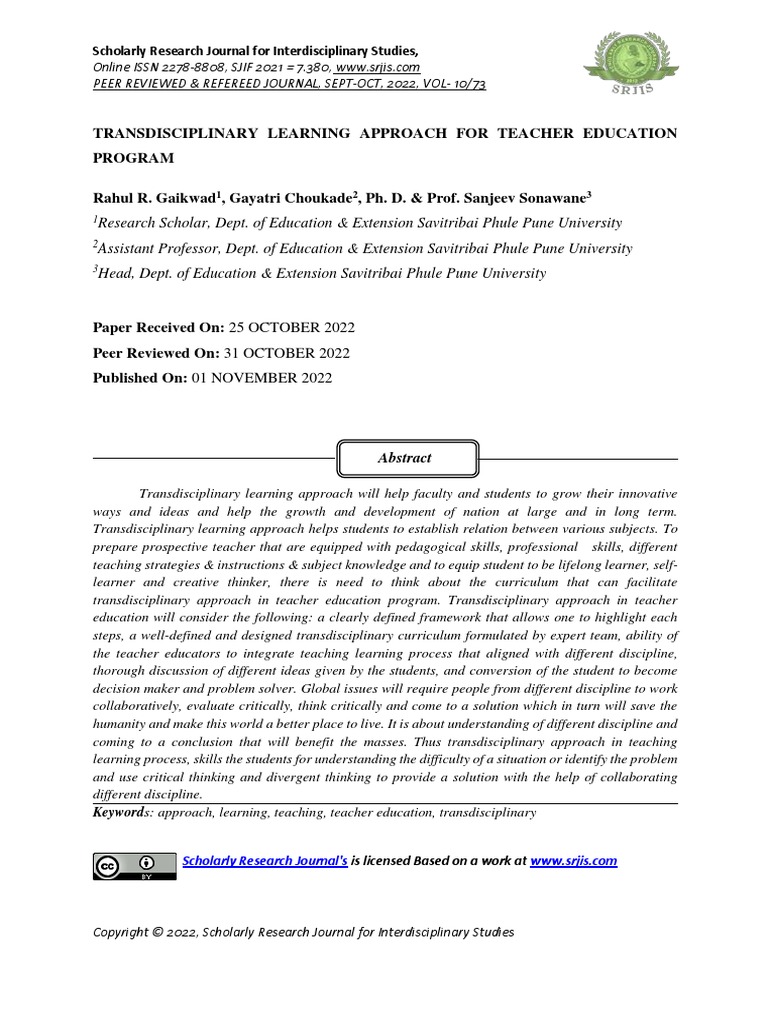 Transdisciplinary Learning Approach For Teacher Education Program | PDF ...