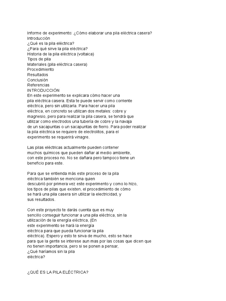 Informe de Experimento - ¿Cómo Elaborar Una Pila Eléctrica Casera | PDF