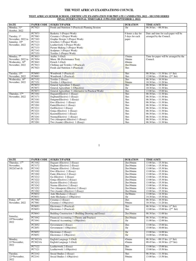 Wassce Timetable | PDF | Technical Drawing