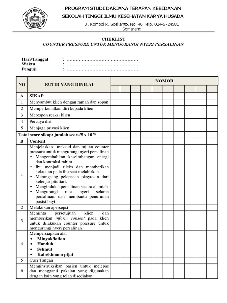CHECKLIST Counter Pressure Untuk Menguangi Nyeri Persalinan | PDF