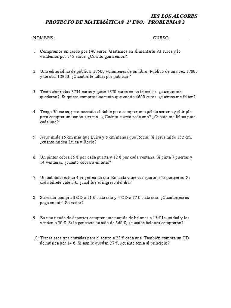 Problemas 2 Sumas y Restas | PDF