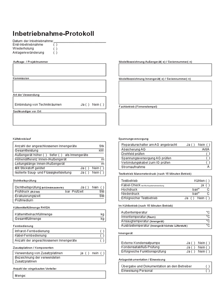 Inbetriebnahmeprotokoll Kälte | PDF