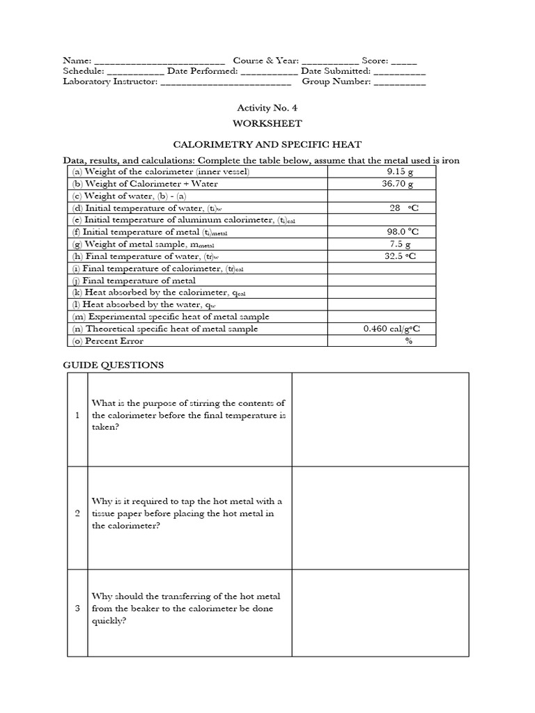 Calorimetry and Specific Heat Lab Worksheet | PDF | Thermodynamics