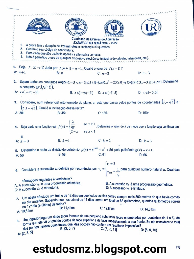 Exame de Matematica UP 2022 PDF | PDF