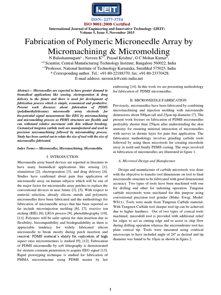 Fabrication of Polymeric Microneedle Array by Micromachining & Micromolding | PDF | Machining ...
