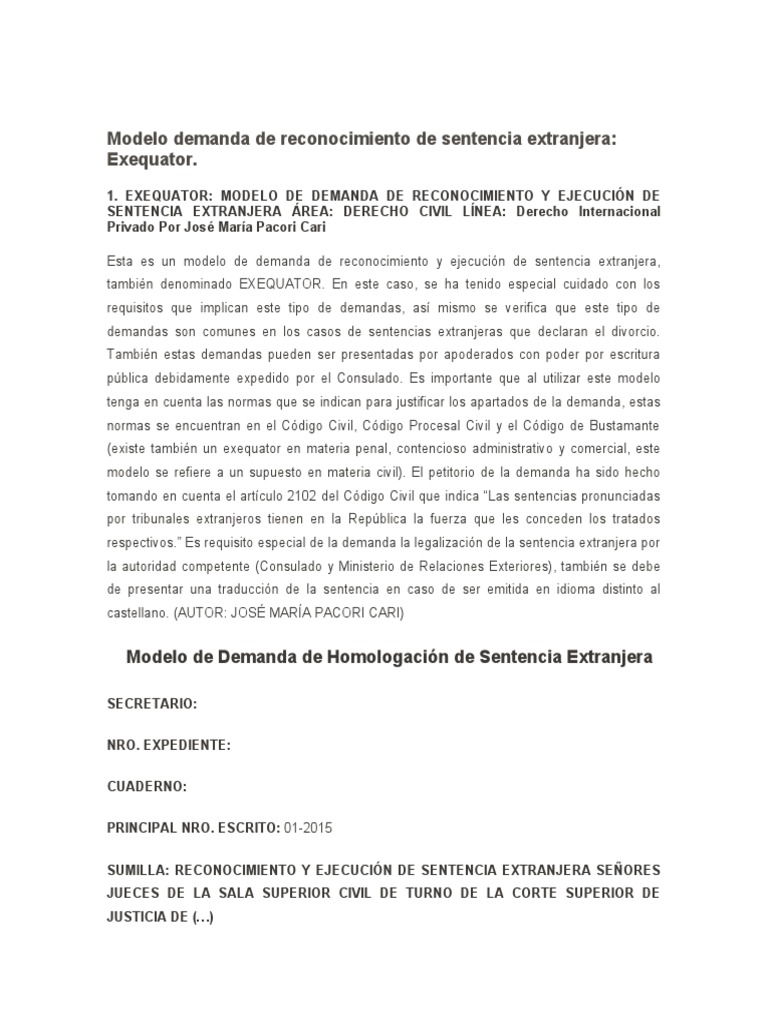 Modelo Demanda de Reconocimiento de Sentencia Extranjera Exequatur ...