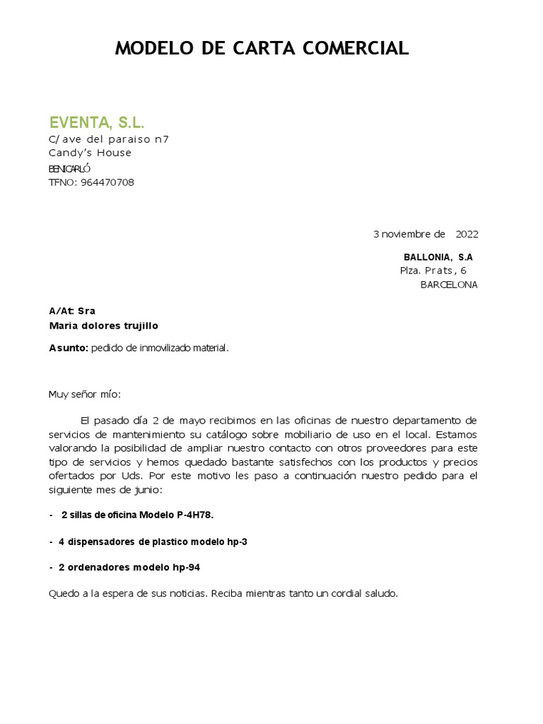 Modelo Carta Comercial Pedido | PDF