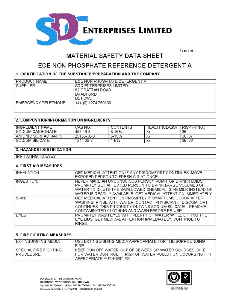 MSDS ECE Non Phosphate Detergent A | PDF | Self-Improvement