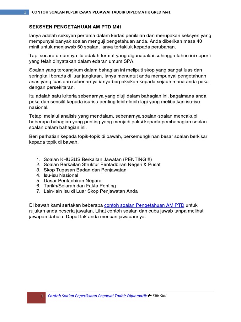 Contoh Soalan Pengetahuan AM PTD 2019 | PDF