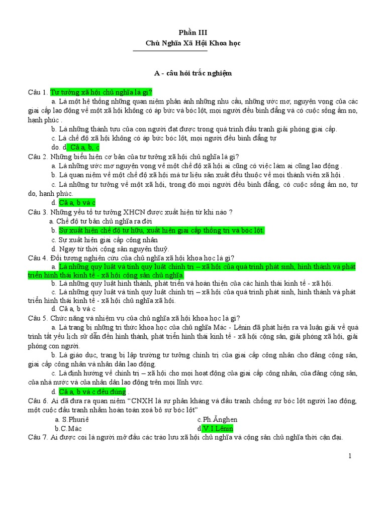 215 Cau Hoi Va Dap An Trac Nghiem Chu Nghia Xa Hoi Khoa Hoc | PDF