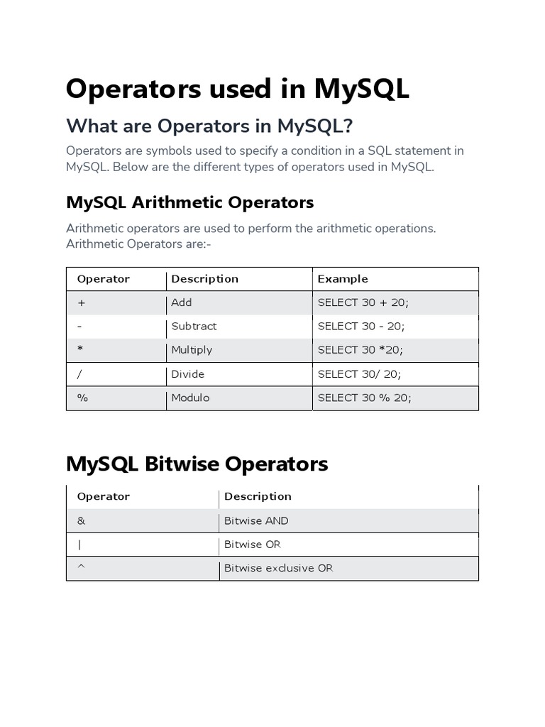 Operators in MySQL | PDF | Logic | Software Engineering
