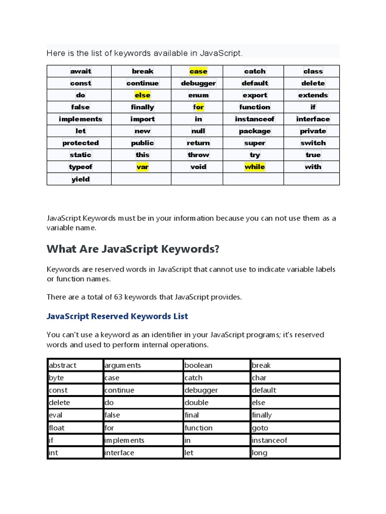 Keywords Available in JavaScript | PDF