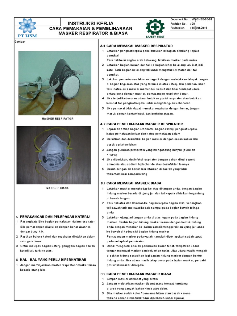 WI-QHSE-05-01 Cara Pemakaian & Pemeliharaan Masker Respirator & Biasa ...