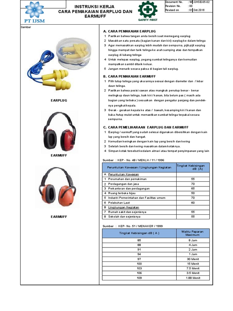 WI-QHSE-05-02 Cara Pemeliharaan Earplug & Earmuff (A3) | PDF