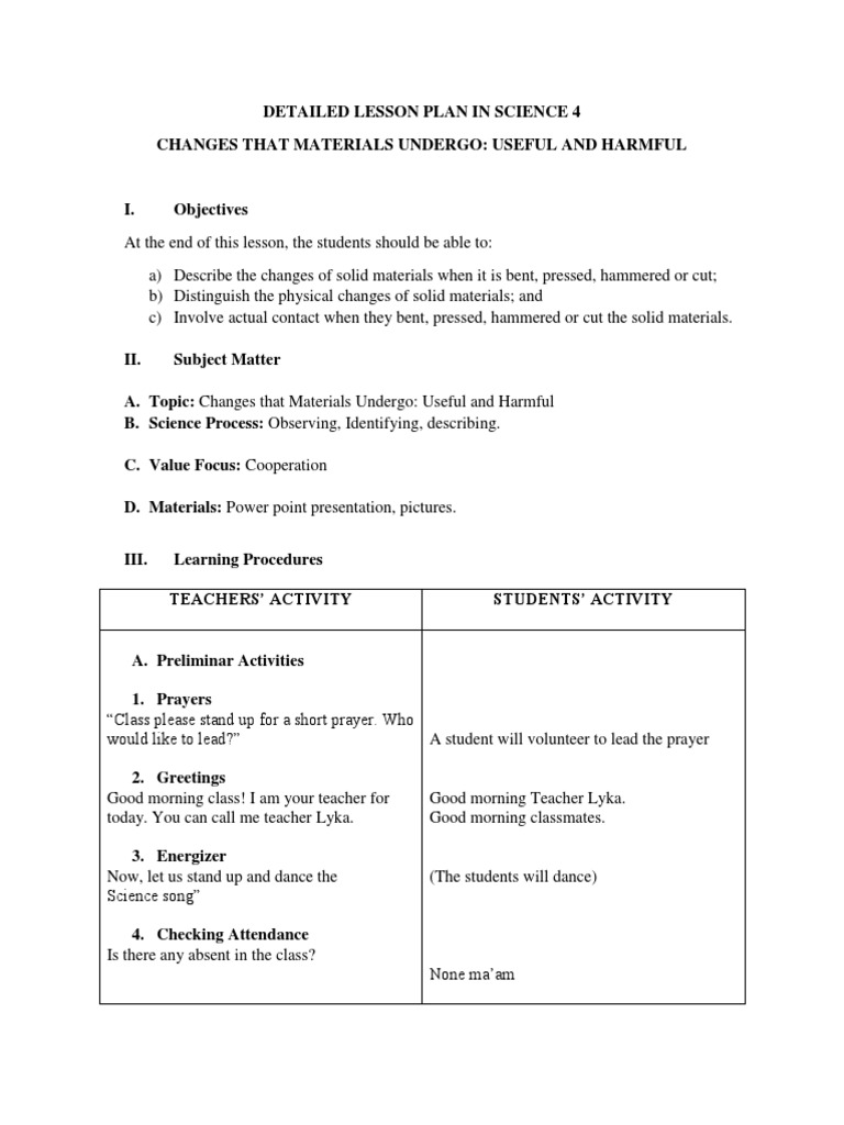 Changes That Materials Undergo-Useful and Harmful-LESSON PLAN IN ...
