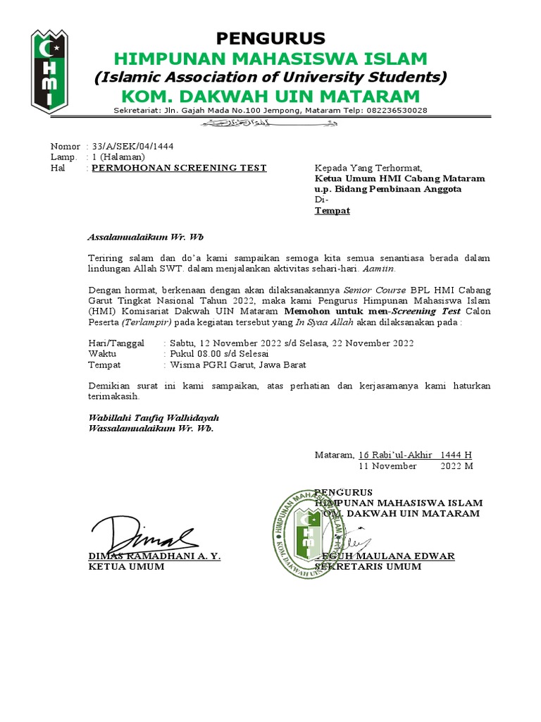 (33A) Surat Permohonan Screening Test | PDF