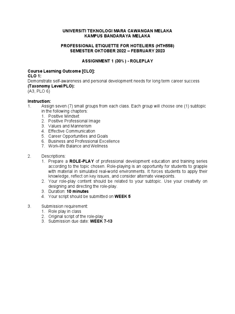 Roleplay Assignment for Hoteliers | PDF | Preposition And Postposition ...