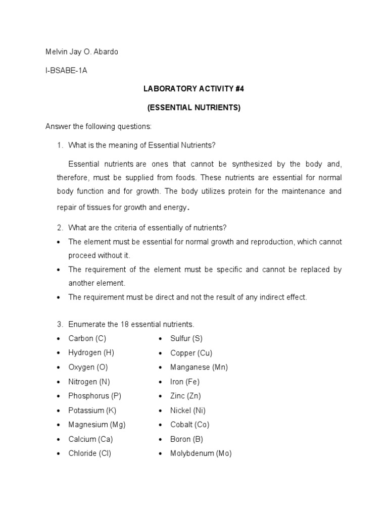 Essential Nutrients Lab Activity | PDF | Nutrients | Plant Nutrition