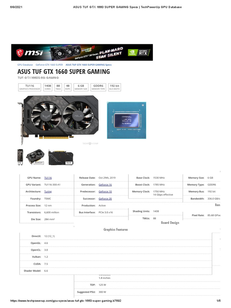 ASUS TUF GTX 1660 SUPER GAMING Specs - TechPowerUp GPU Database | PDF | Graphics Processing Unit ...